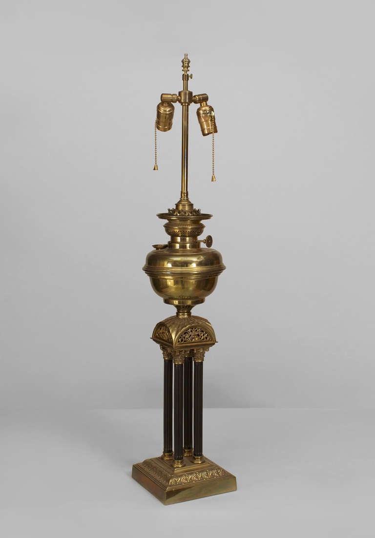 English Victorian Brass Column Table Lamp For Sale at 1stDibs