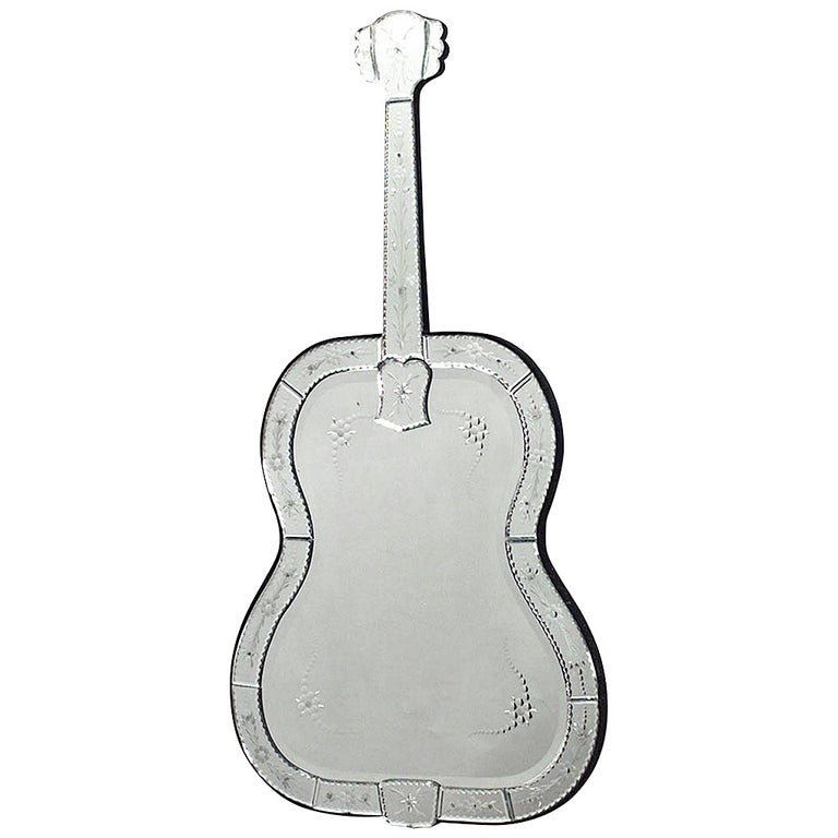 French Mid-Century Guitar Shaped Etched Glass Wall Mirror For Sale at ...