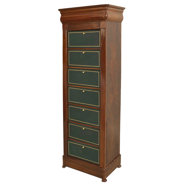 Continental Mahogany Semainier Chest with Green Leather Drawers at 1stDibs