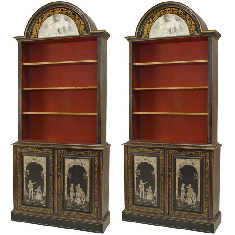 Pair of Adam Style Black Lacquered Bookcases For Sale at 1stDibs