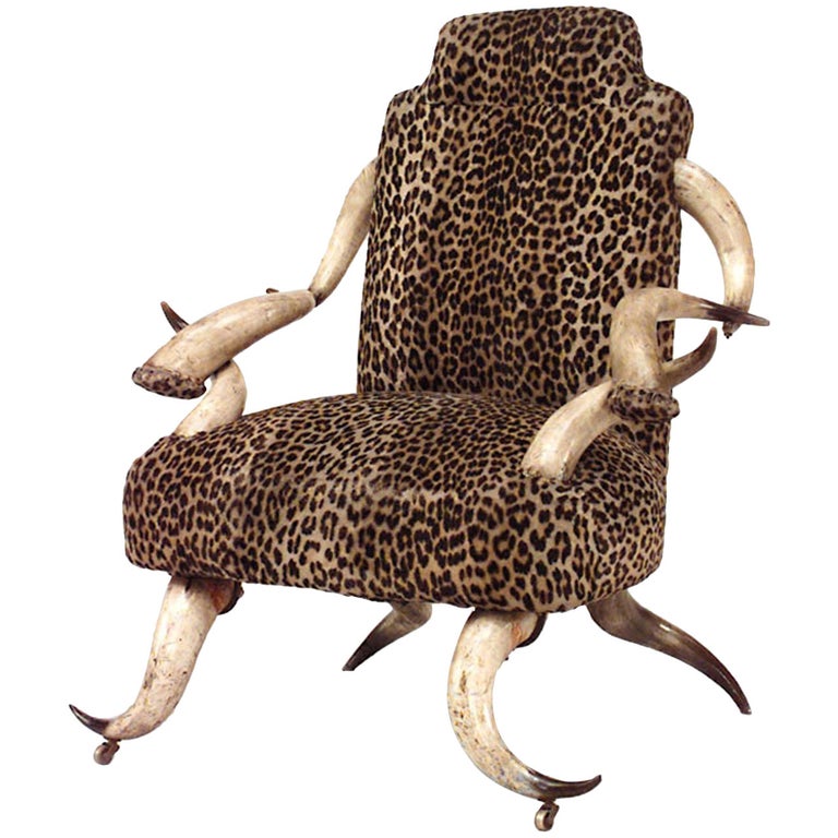 Rustic Continental Horn and Leopard Arm Chair For Sale at 1stDibs