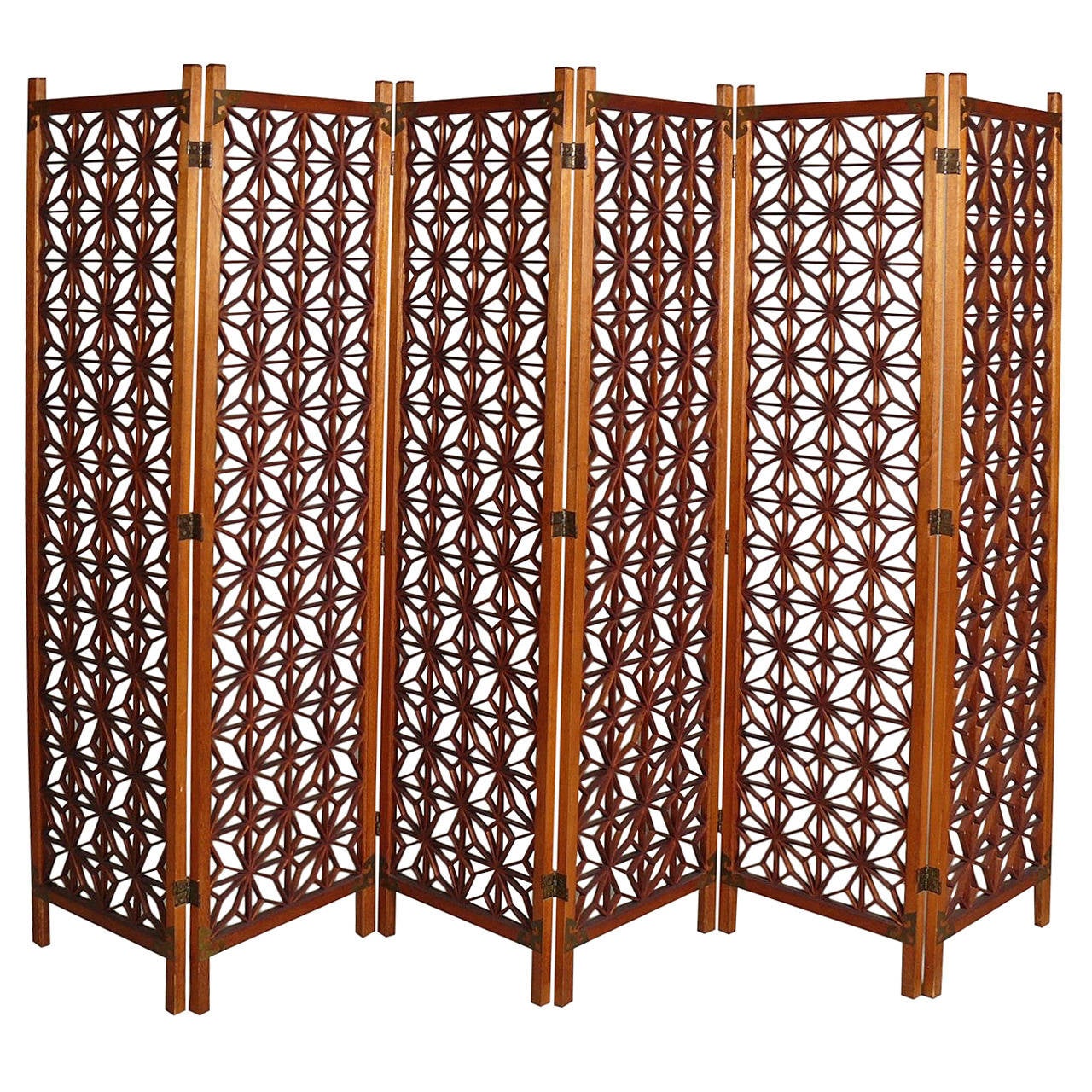 Geometric 6-Panel Teak Folding Screen with Brass Details at 1stDibs