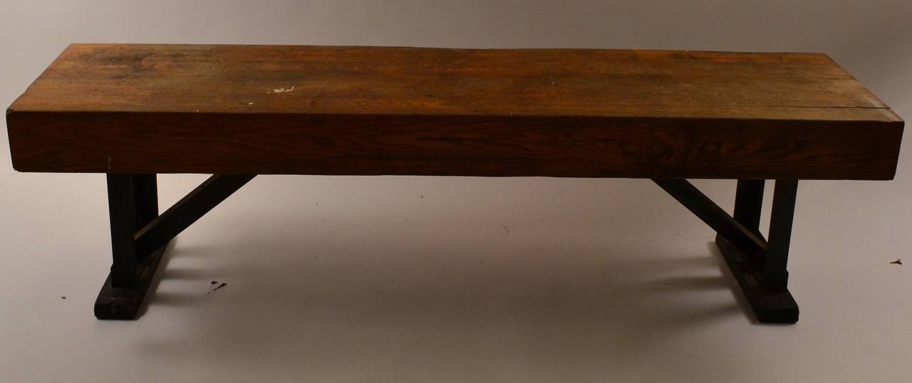 Industrial Bench with Angled Steel Legs and Thick Solid Wood Top at 1stDibs