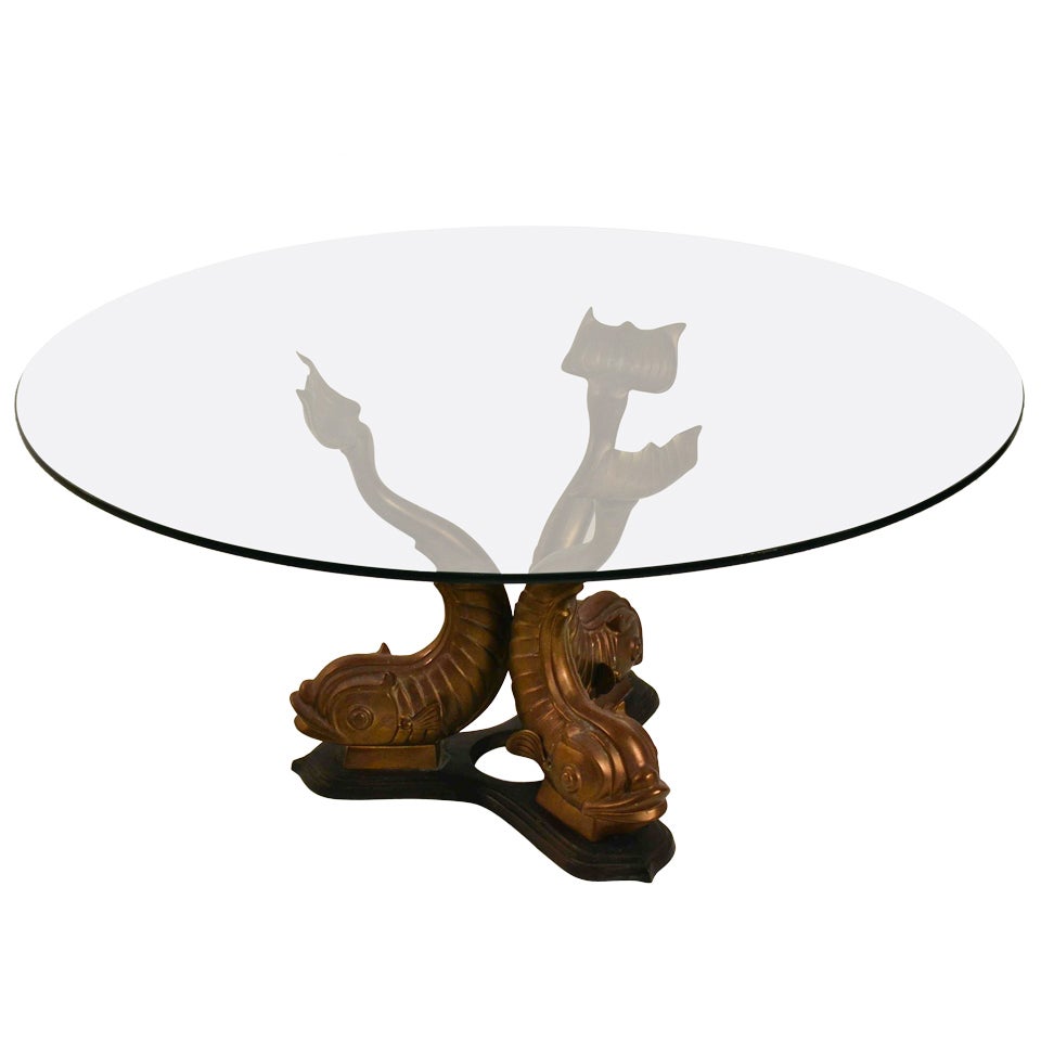 Brass Base Glass Top Dolphin Table at 1stDibs