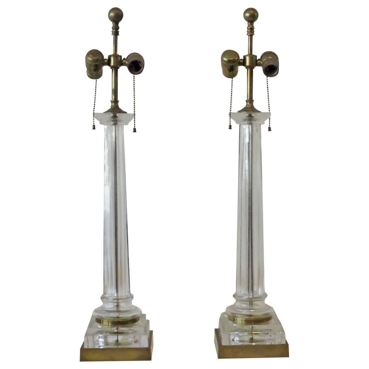 Vintage Neoclassical Glass and Brass Column Lamps at 1stDibs