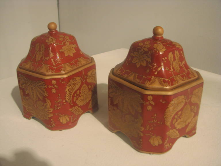 Pair of Square Ceramic Printed Jars at 1stDibs