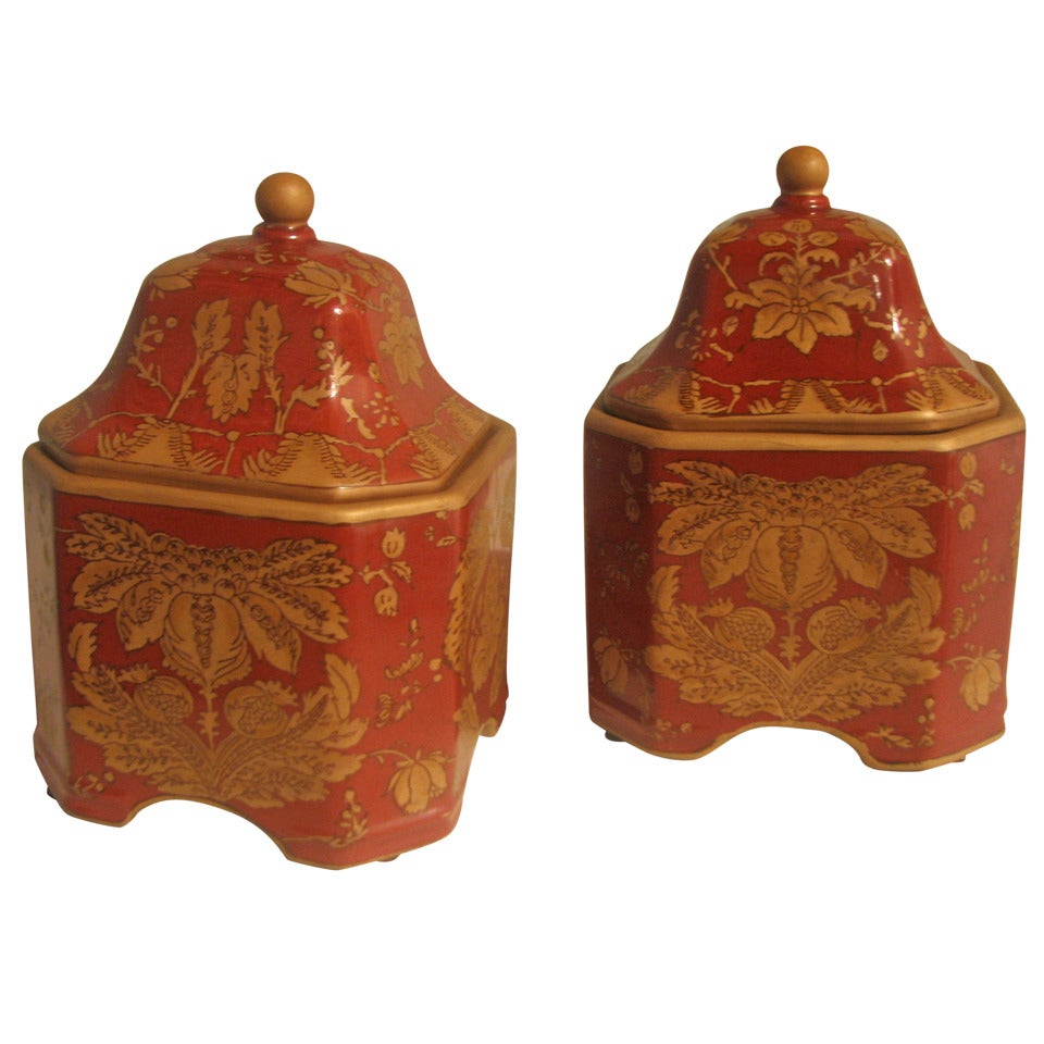 Pair of Square Ceramic Printed Jars at 1stDibs