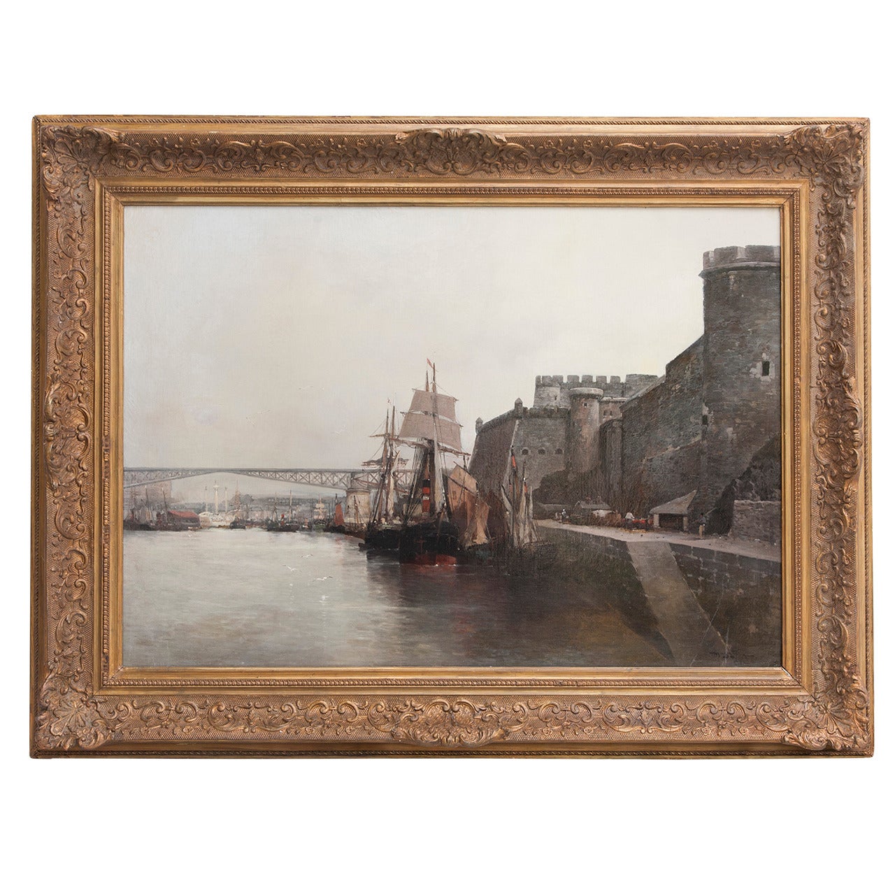 Large-Scale Oil on Linen Ship Scene of the Port of Brest, Signed, circa ...