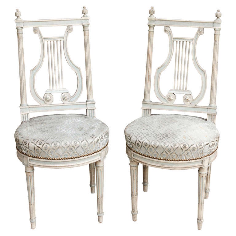 Pair of 19th Century Hand Painted and Caved Louis XVI Lyre Back Chairs ...