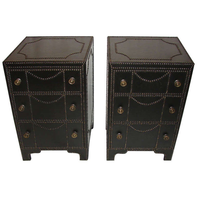 Pair of Black Leather Chests of Drawers with Nail Head Trim at 1stDibs