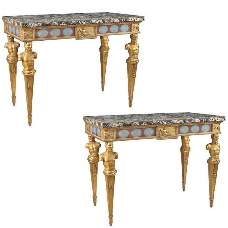 Very Fine Pair of Roman Painted and Giltwood Console Tables at 1stDibs