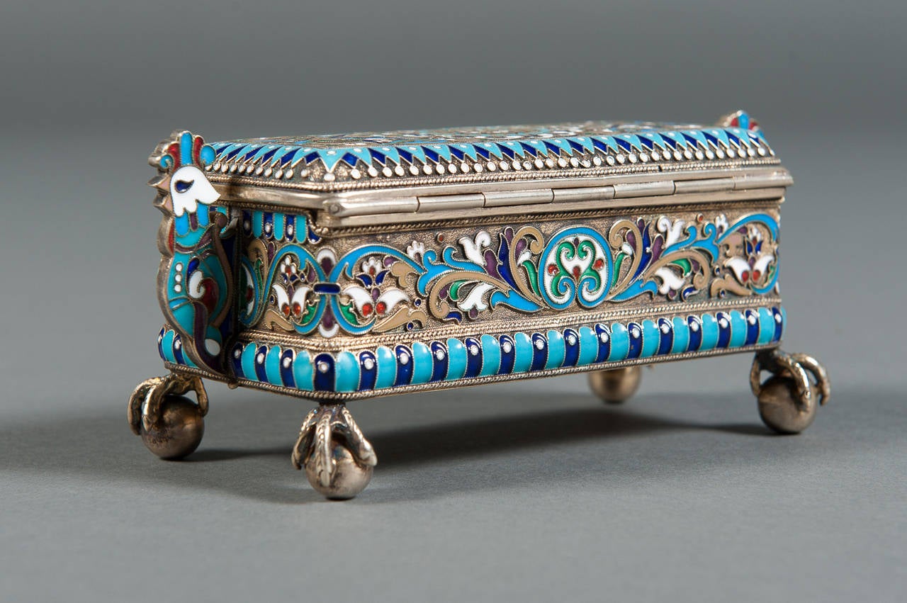 A Fine Russian .84 SIlver and Enameled Box With Eagle Feet. Signed ...
