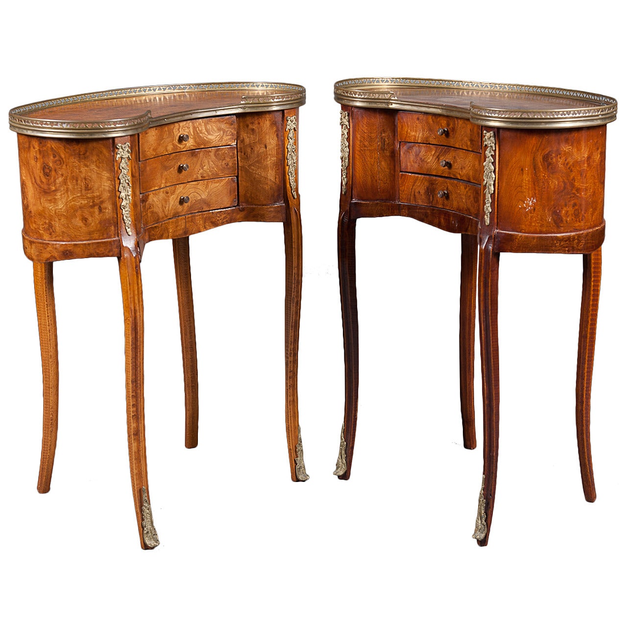 A Pair of French Brass-Mounted Kidney Shaped Side Tables with Drawers ...