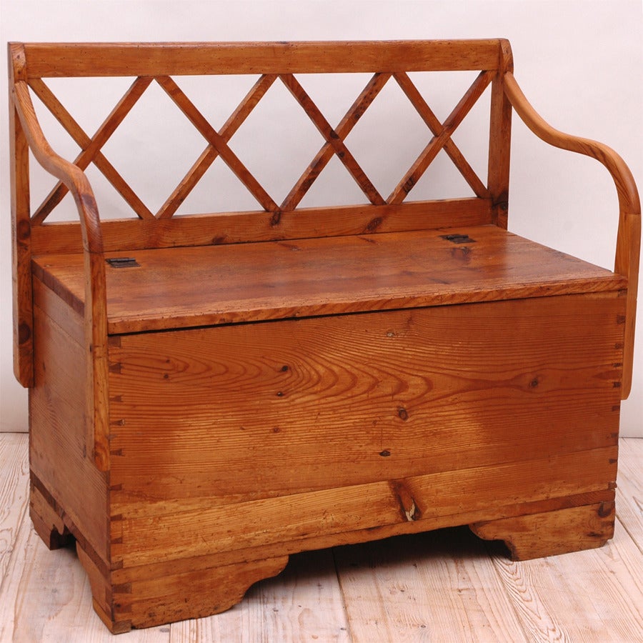 19th Century Small Pine Bench with Lattice Back and Hinged-Top at 1stDibs