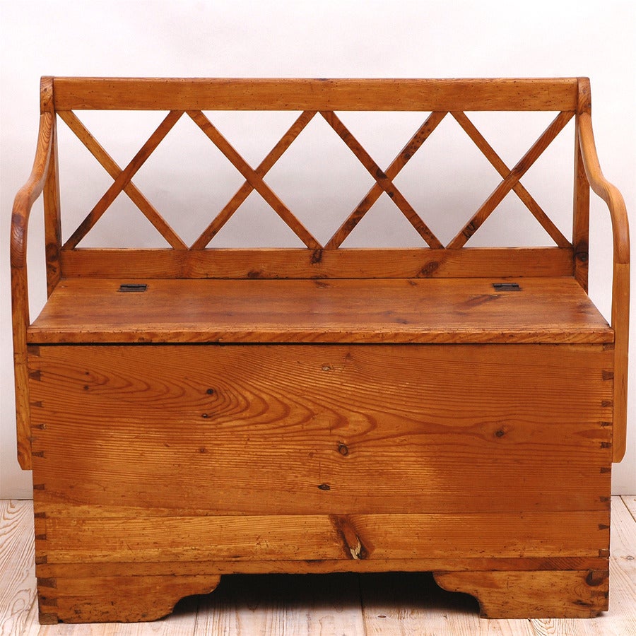 19th Century Small Pine Bench with Lattice Back and Hinged-Top at 1stDibs