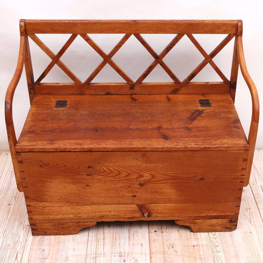 19th Century Small Pine Bench with Lattice Back and Hinged-Top at 1stDibs