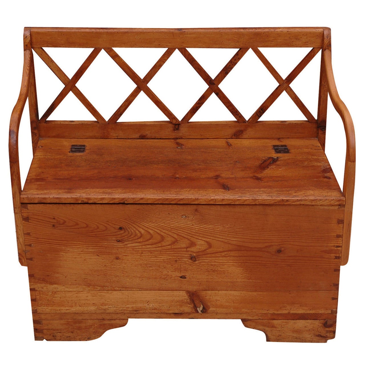 19th Century Small Pine Bench with Lattice Back and Hinged-Top at 1stDibs