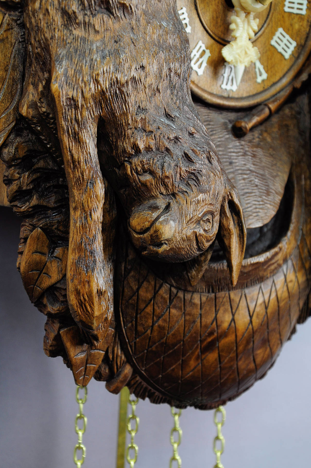 Antique Carved Cuckoo Clock with Hare and Pheasant at 1stDibs