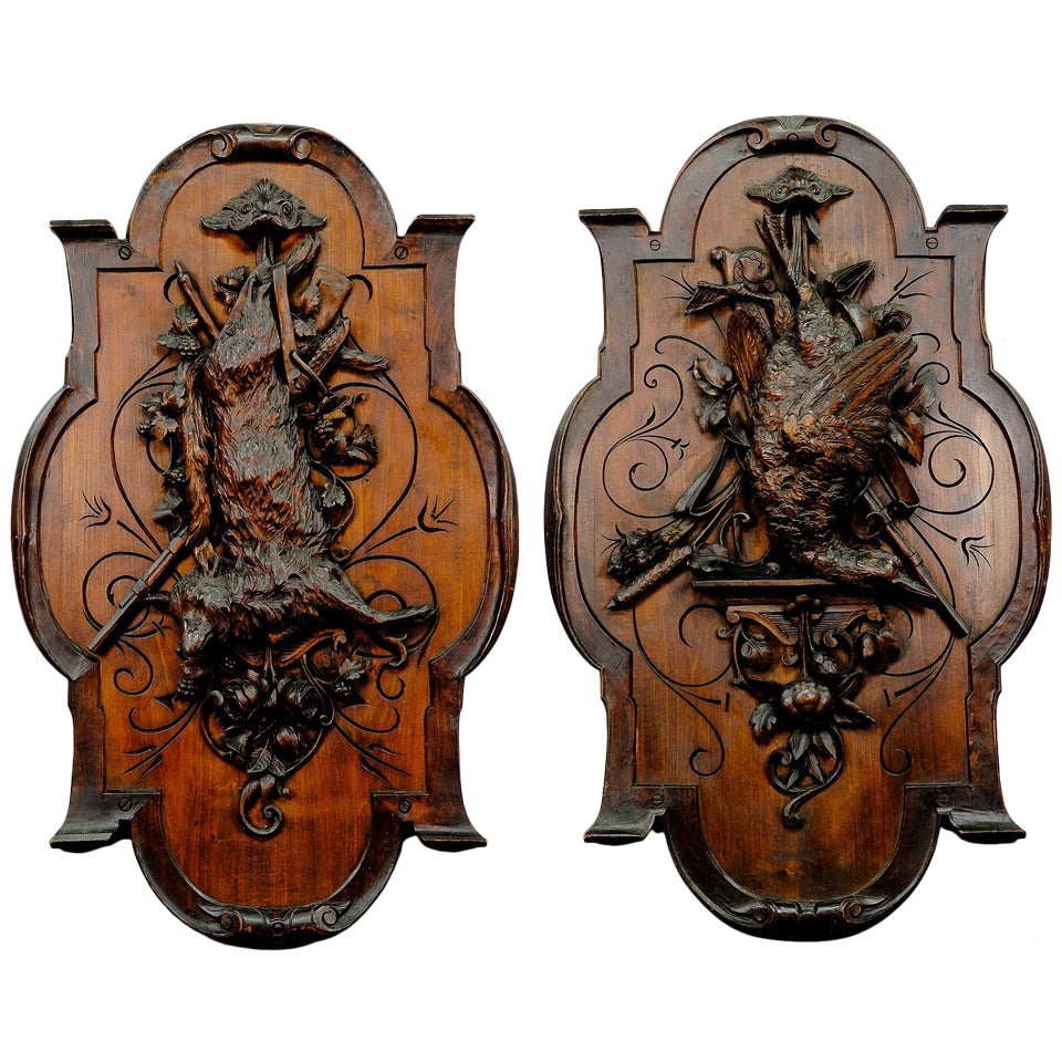 pair black forest carved wood game plaques with fox and duck at 1stDibs