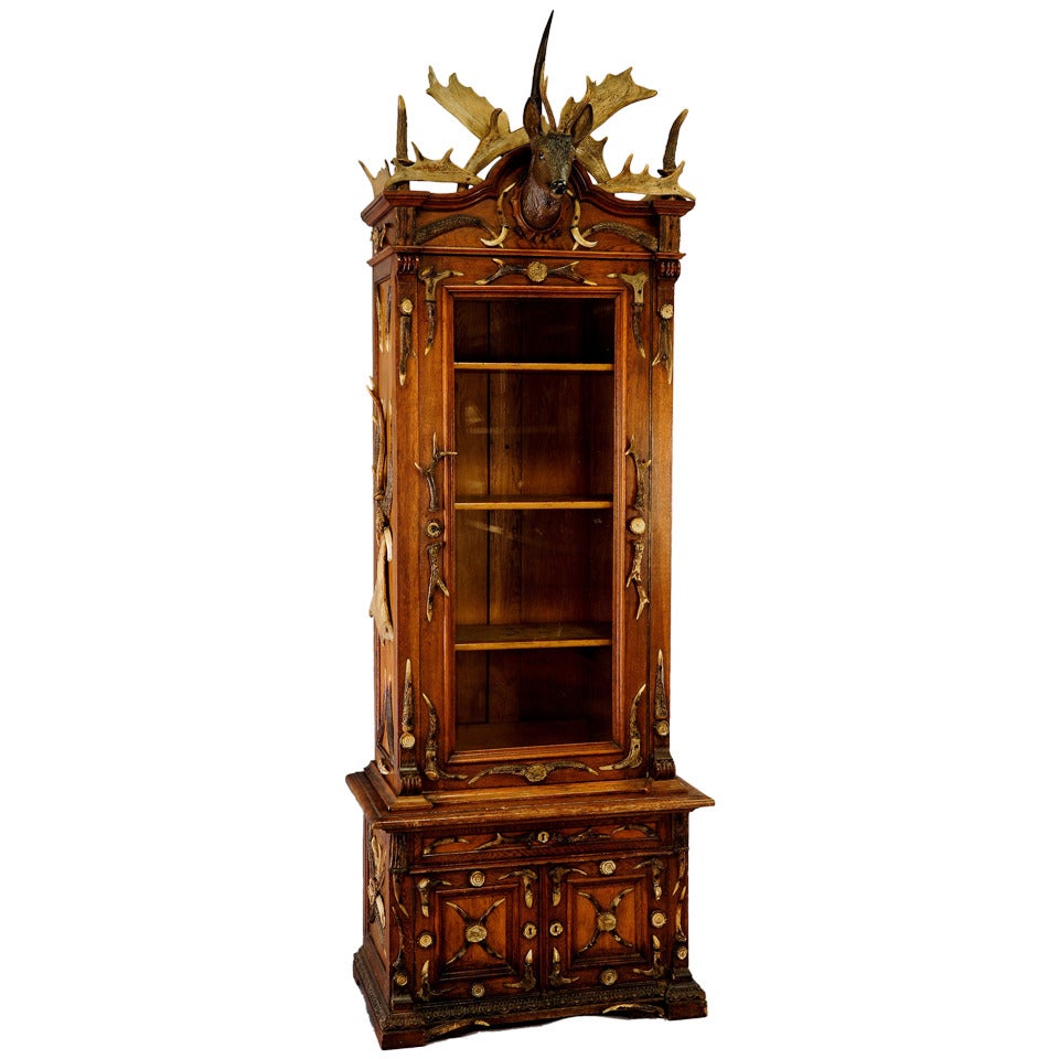 Fantastic Oak Wood Cabinet with Antler Decoration at 1stDibs