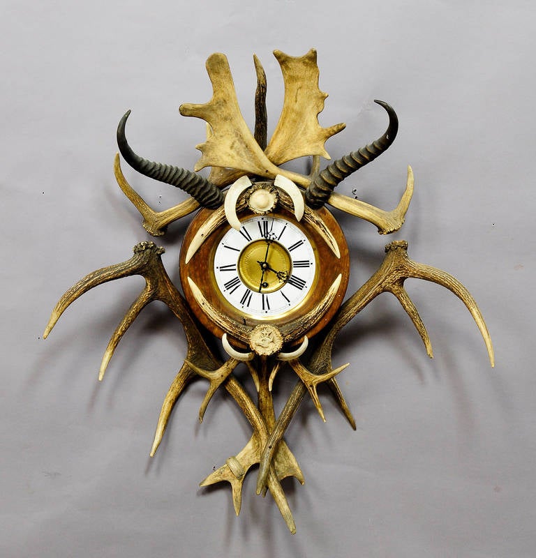 Antique Black Forest Antler Wall Clock at 1stDibs