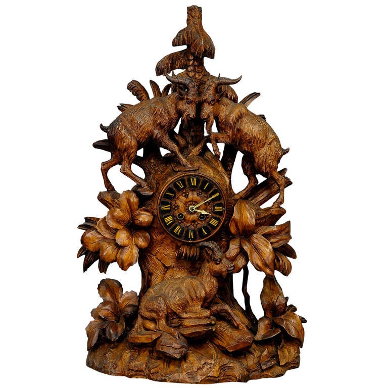 carved wood mountain goats mantle clock swiss brienz at 1stDibs