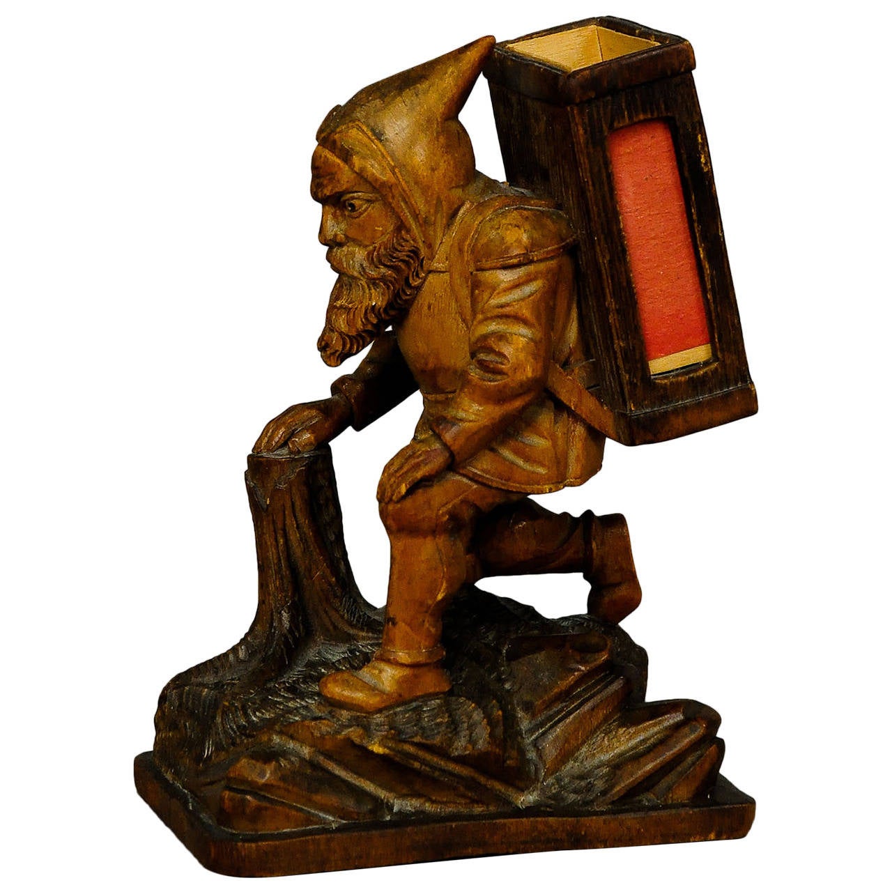 black forest wooden carved dwarf matchbox holder at 1stDibs