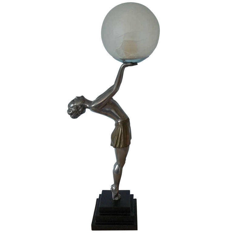 BIBA FIGURINE TABLE LAMP, Art Deco, Silvered Bronze, C.1930's at 1stDibs