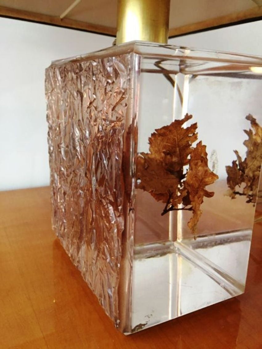 1970s French Solid Lucite Lamp Base with Inclusion For Sale at 1stDibs