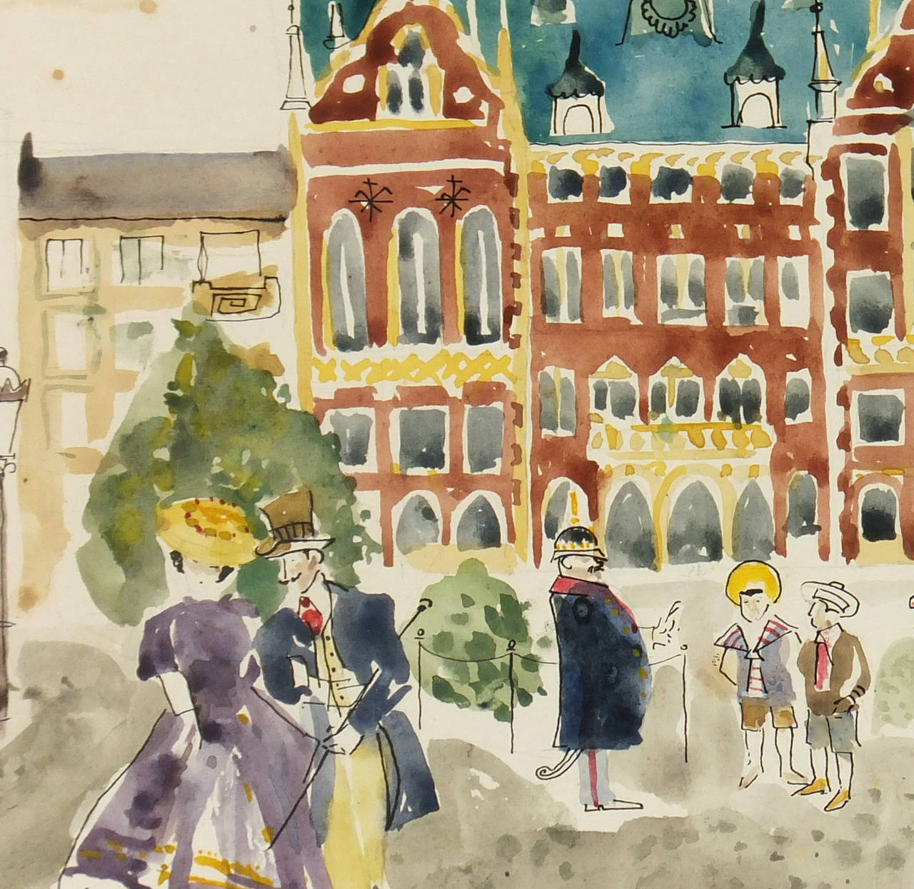 Walter Lindner - Vintage Watercolor of Victorian Street Painting at 1stDibs