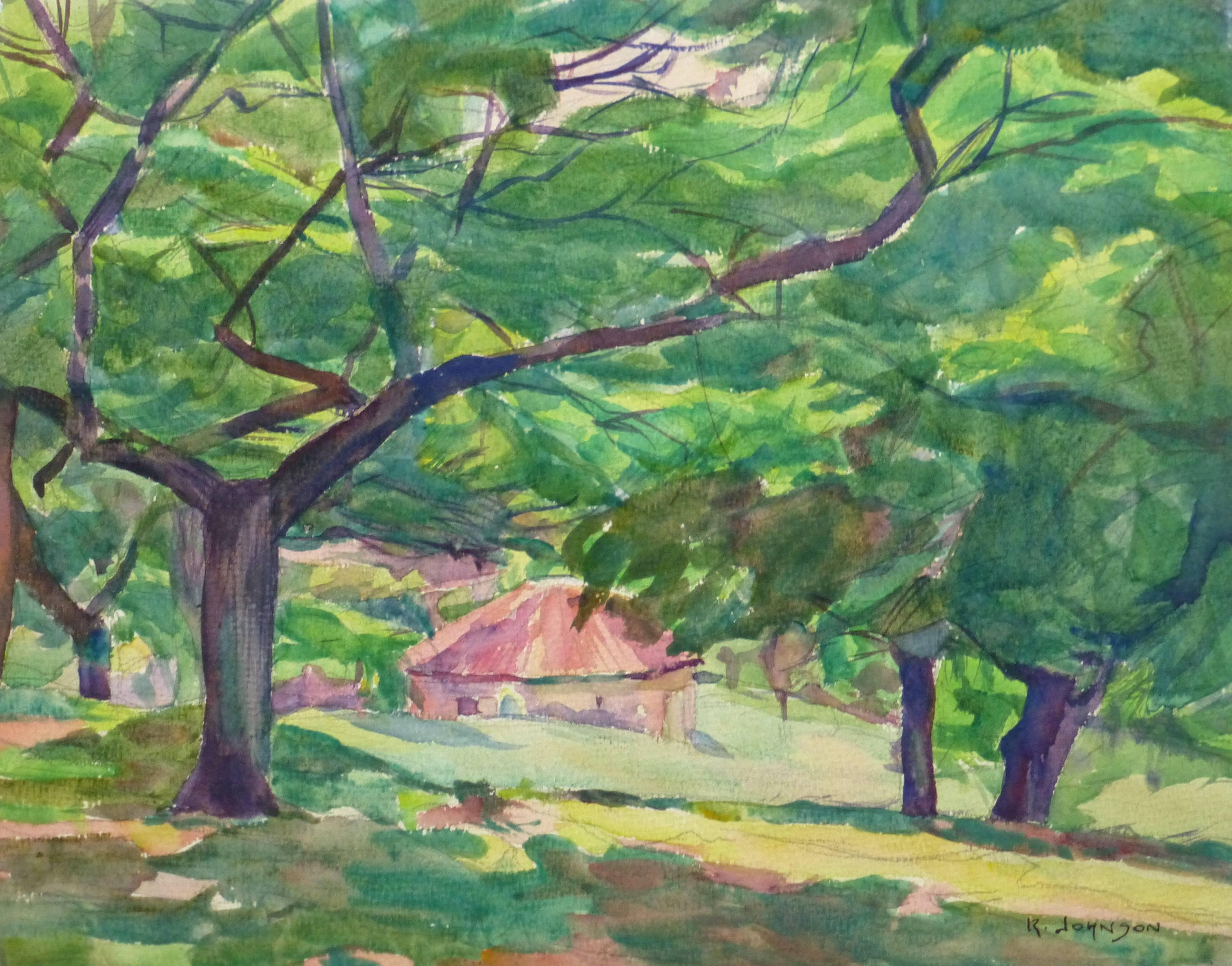 Unknown - Vintage English Watercolor - Summer's Shade at the Cottage in ...