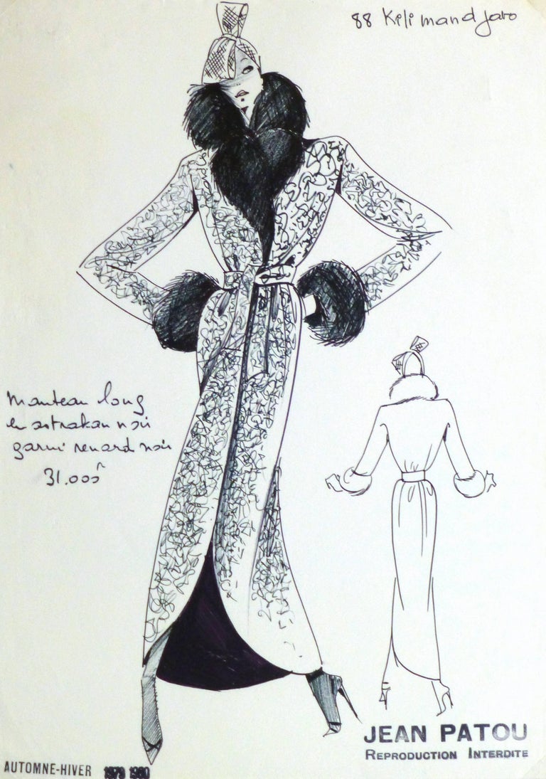 Jean Patou - French Haute Couture Fashion Sketch - Fur Trimmed Coat at ...