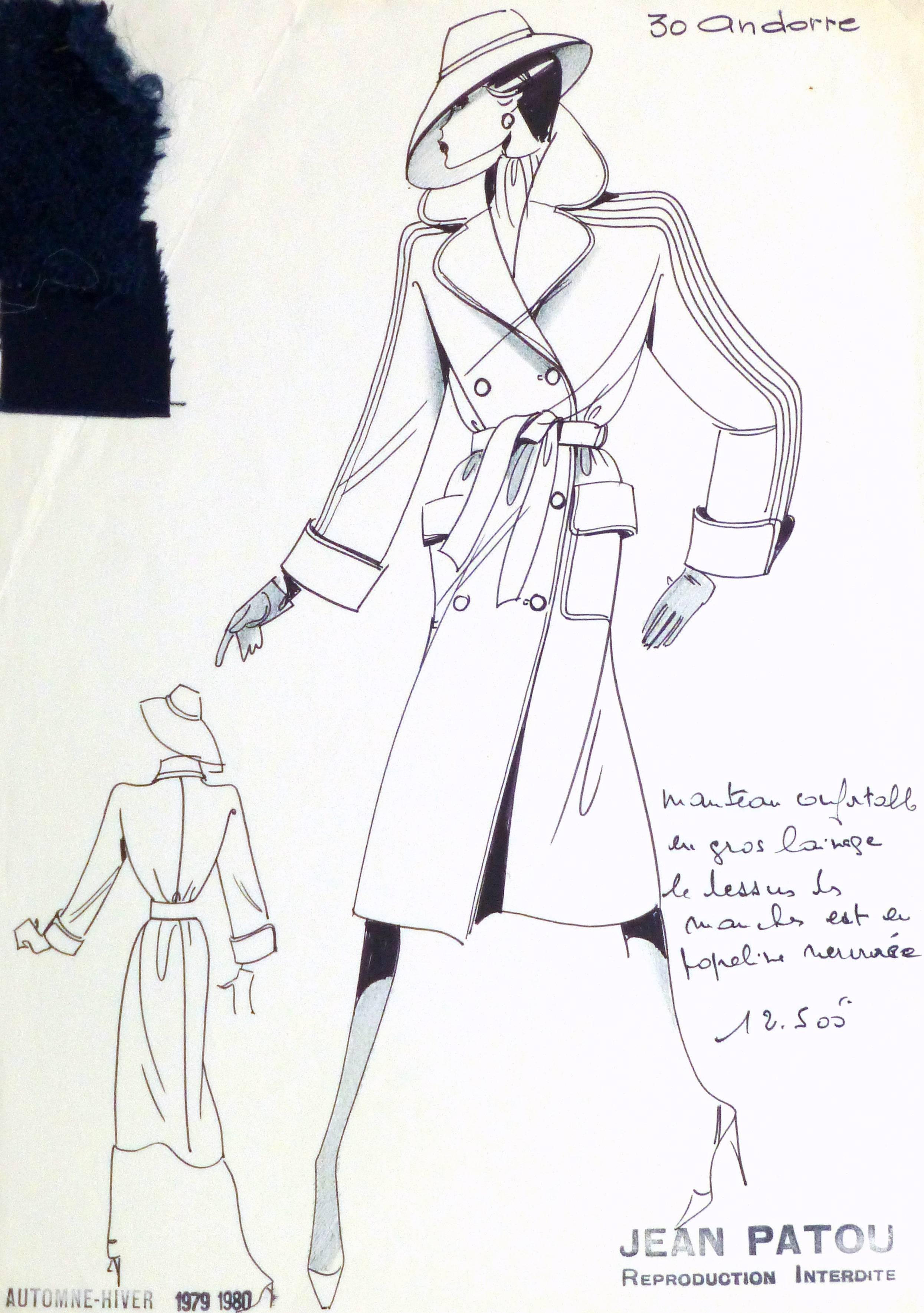 Jean Patou - French Haute Couture Fashion Sketch - Trench Coat at ...