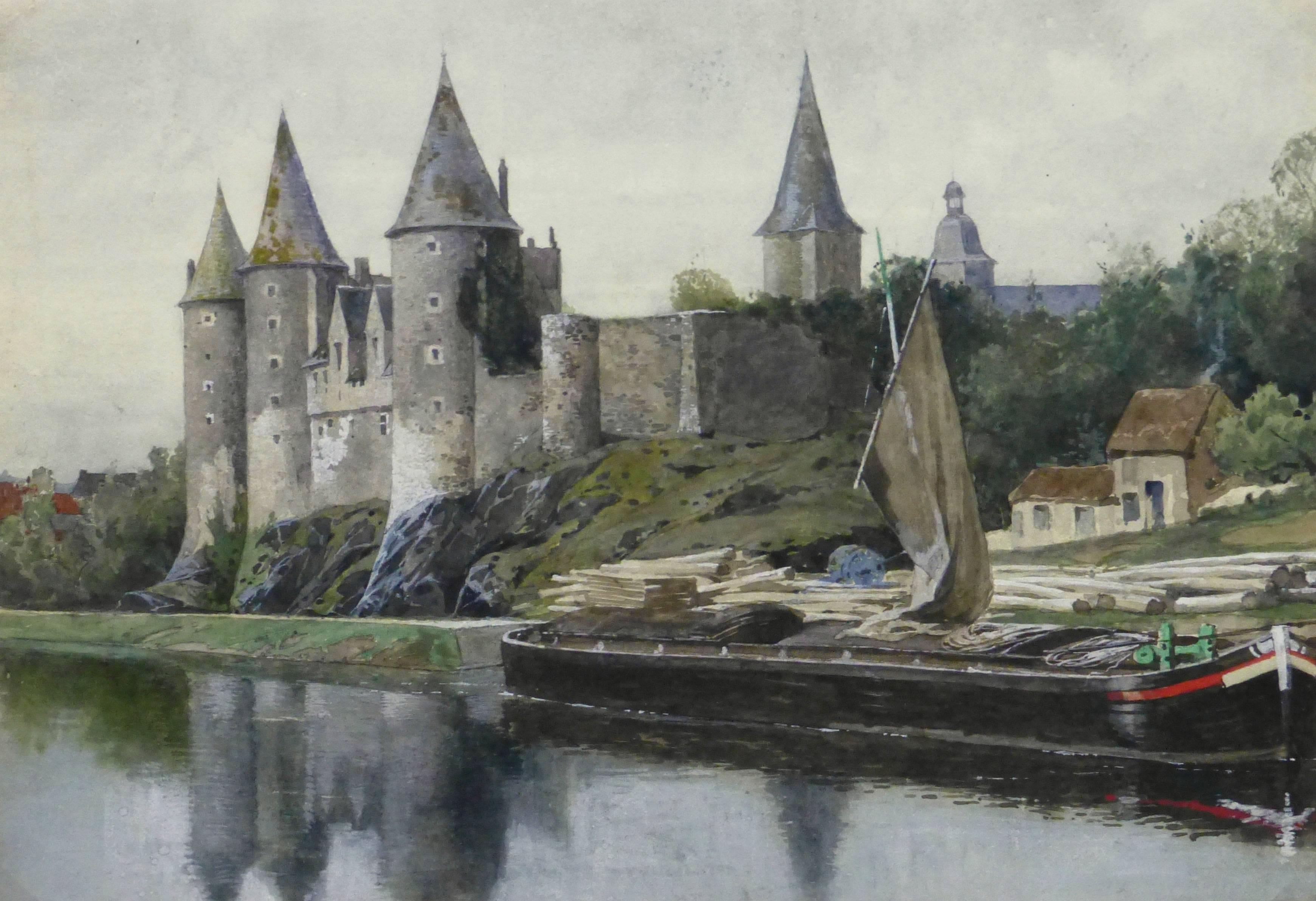 Unknown - French Watercolor - Waterfront Castle at 1stDibs