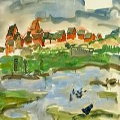 Jean Pascal - Vintage Gouache Landscape - Northern City, Painting For ...