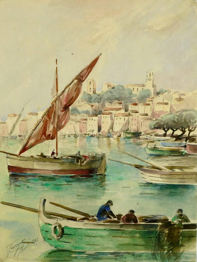 Gaston Coursaget - French Watercolor Painting - Bay of Cannes For Sale ...
