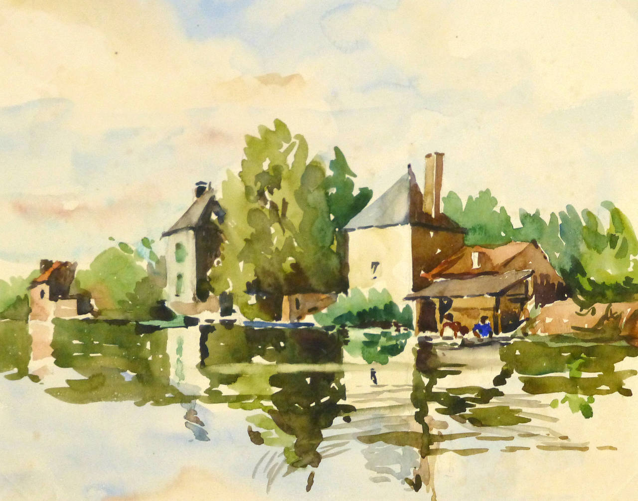 Unknown - Vintage French Watercolor Landscape - Reflections at 1stDibs