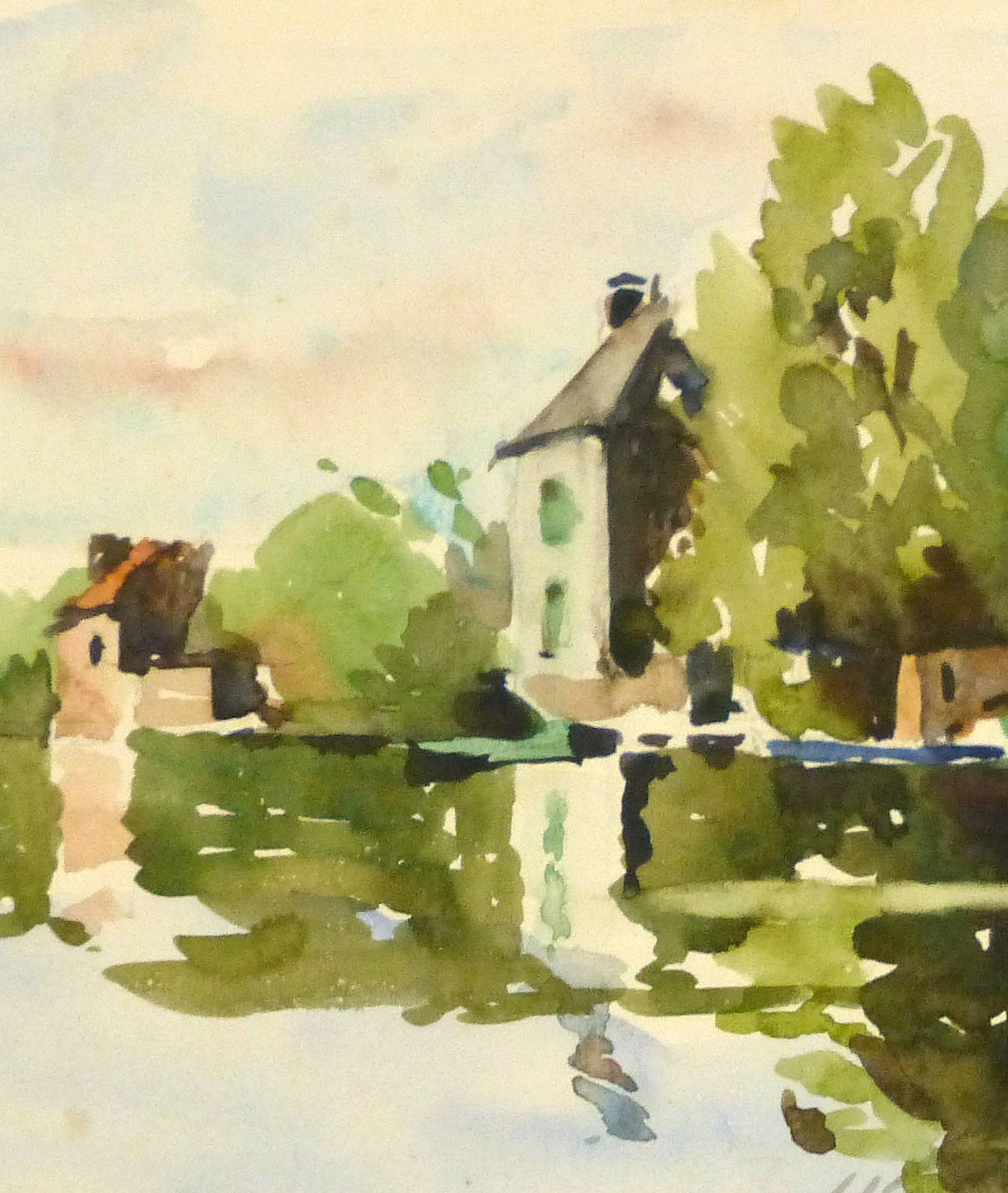 Unknown - Vintage French Watercolor Landscape - Reflections at 1stDibs
