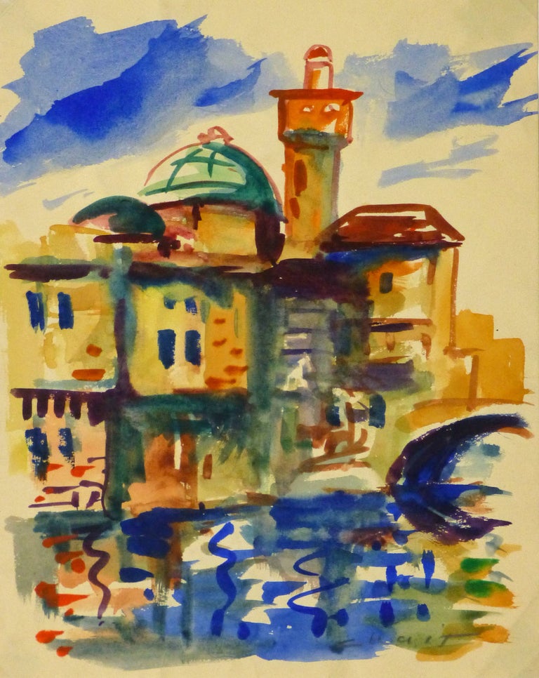 Thelma Chait - Mid-century Townscape Watercolor For Sale at 1stDibs