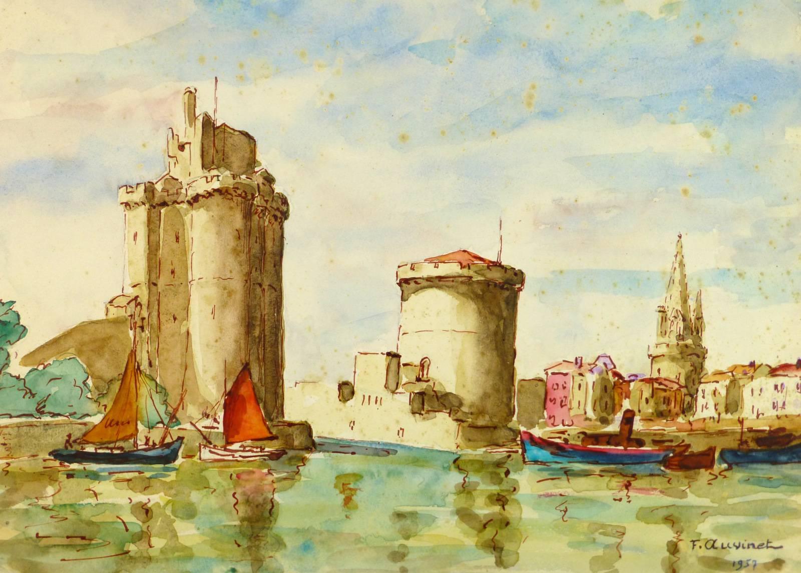 Unknown - Watercolor Landscape - La Rochelle, France, 1957 at 1stDibs