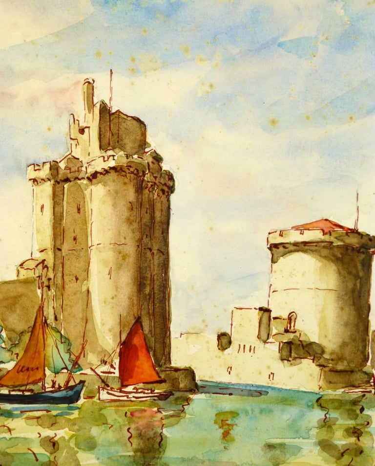 Unknown - Watercolor Landscape - La Rochelle, France, 1957 at 1stDibs