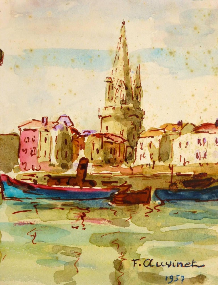 Unknown - Watercolor Landscape - La Rochelle, France, 1957 at 1stDibs