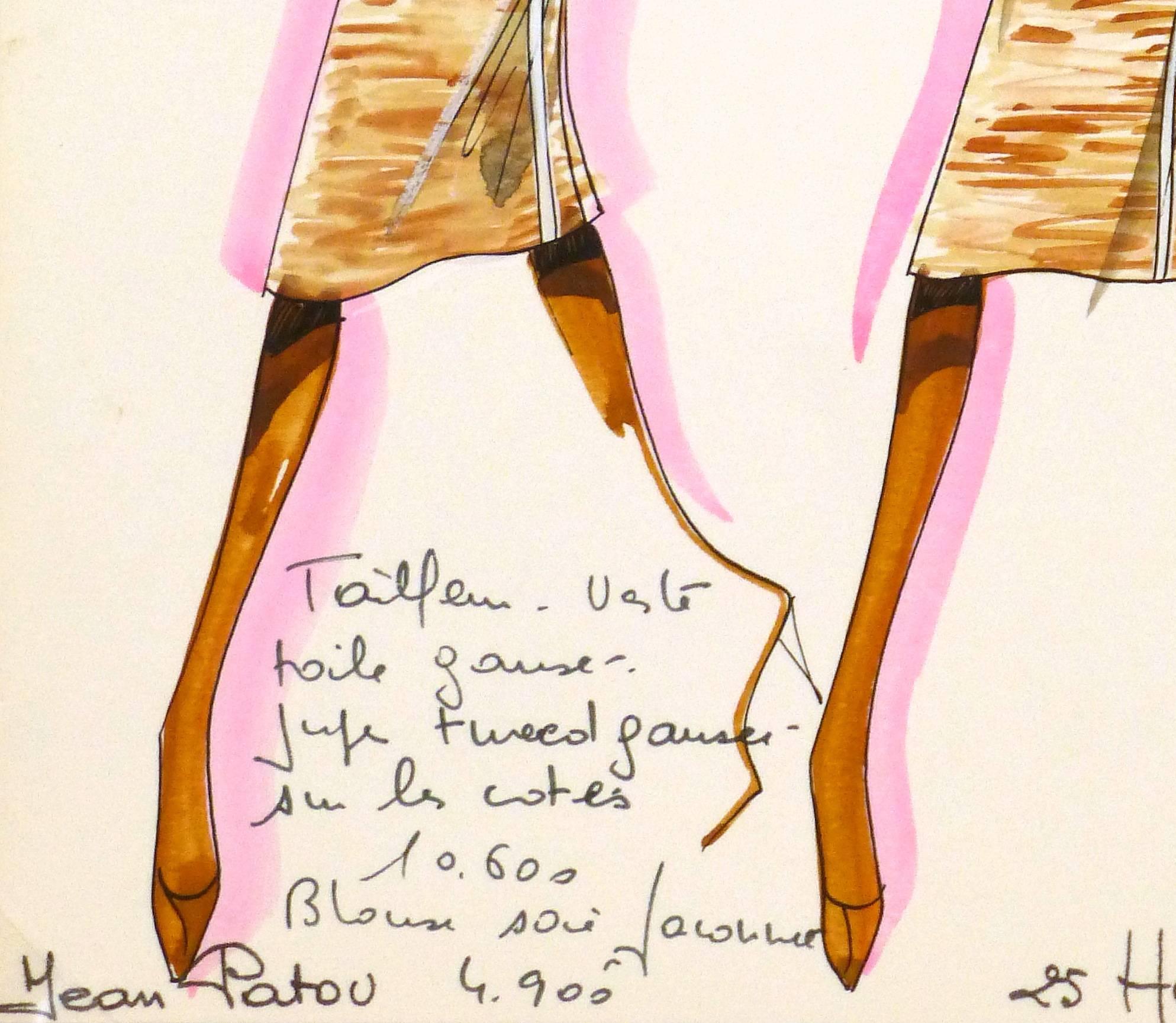 Jean Patou - Vintage French Fashion Sketch - Beige Outfits at 1stDibs