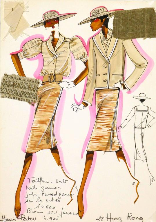 Jean Patou - Vintage French Fashion Sketch - Beige Outfits at 1stDibs