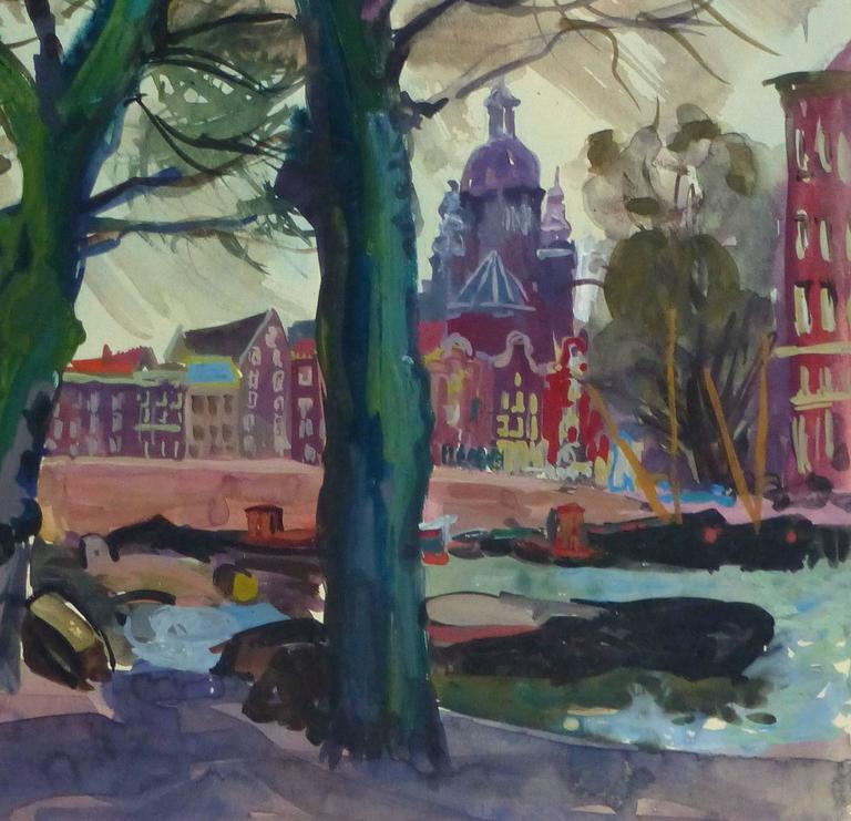 Jean Pascal - Vintage Gouache Landscape - Northern City at 1stDibs