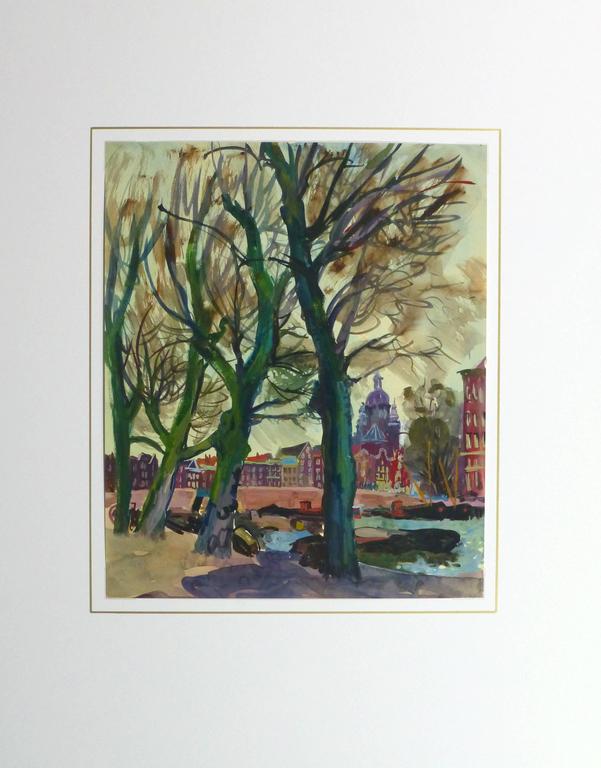 Jean Pascal - Vintage Gouache Landscape - Northern City at 1stDibs