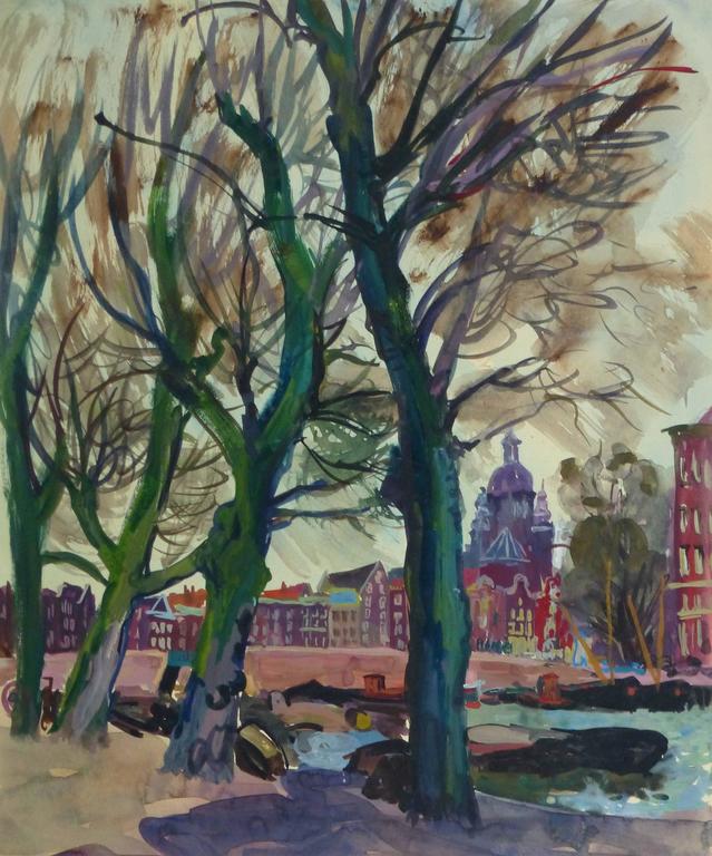 Jean Pascal - Vintage Gouache Landscape - Northern City at 1stDibs
