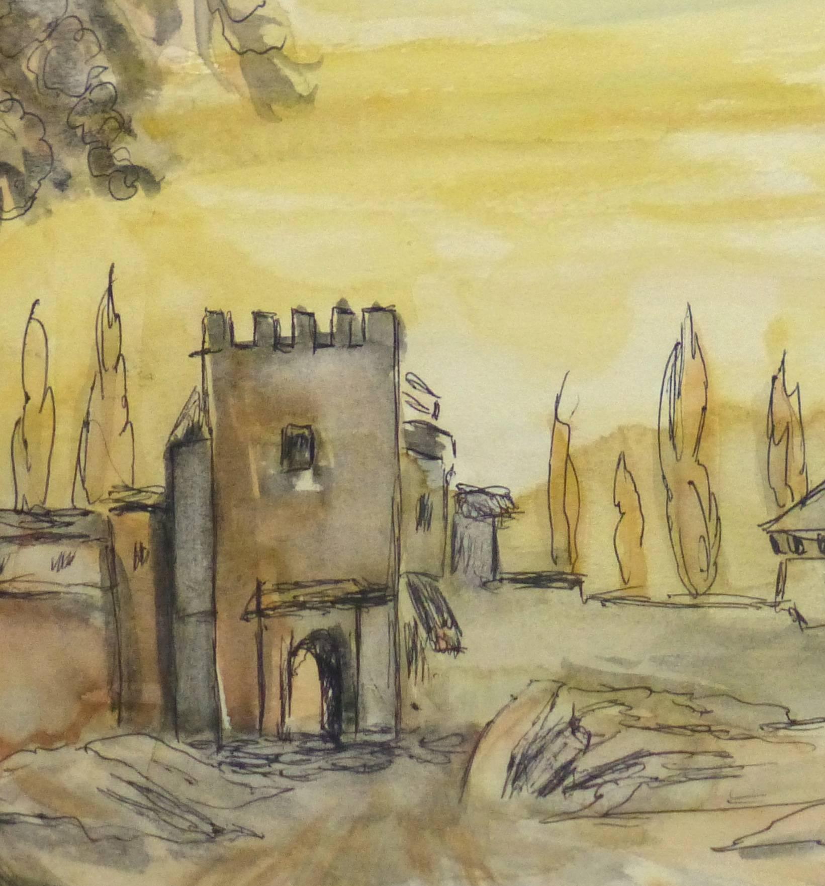 Unknown - Vintage Italian Watercolor and Ink - Italian Castle For Sale ...