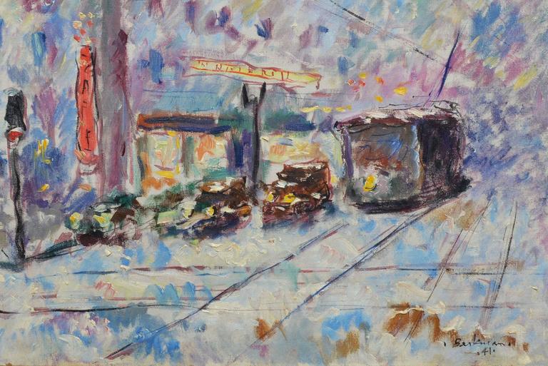 Aaron Berkman - Modernist Cityscape with Street Cars at 1stDibs