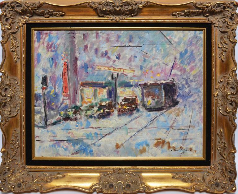 Aaron Berkman - Modernist Cityscape with Street Cars at 1stDibs